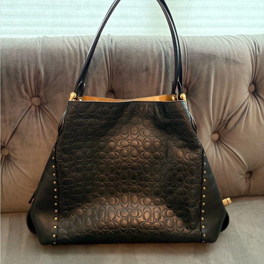 Coach Black Embossed Leather Shoulder Bag with Gold A… - Gem